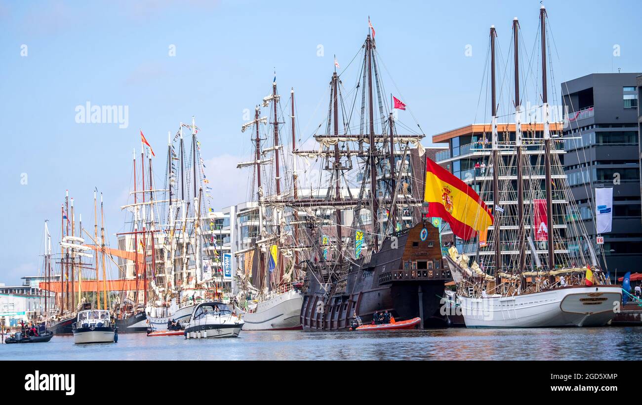 Bremerhaven, Germany. 11th Aug, 2021. Sailing ships are moored in the ...