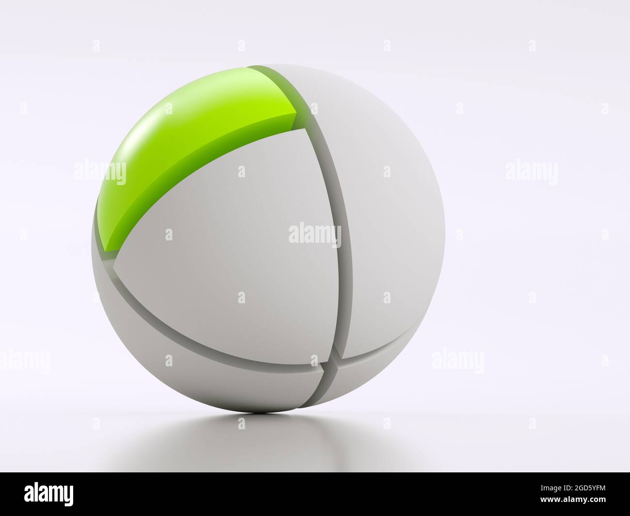 Abstract sliced spherical object with green one eighth piece is on an ...