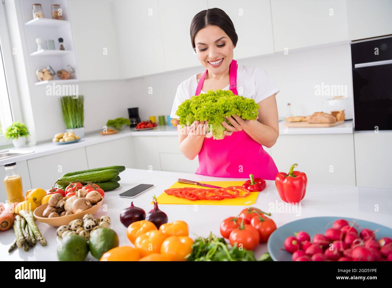 Photo of adorable shiny young lady wear pink apron cooking dinner ...