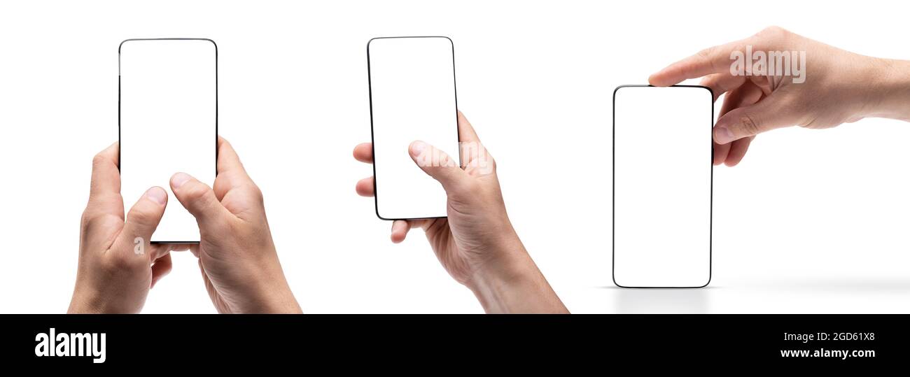 Smartphone with empty screen standing vertically held by hand Stock ...