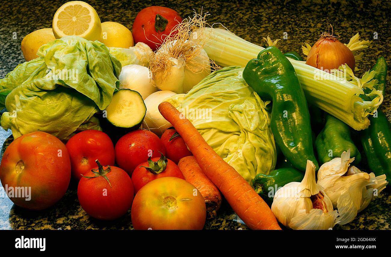 Fruits and vegetables on the kitchen marble Stock Photo - Alamy