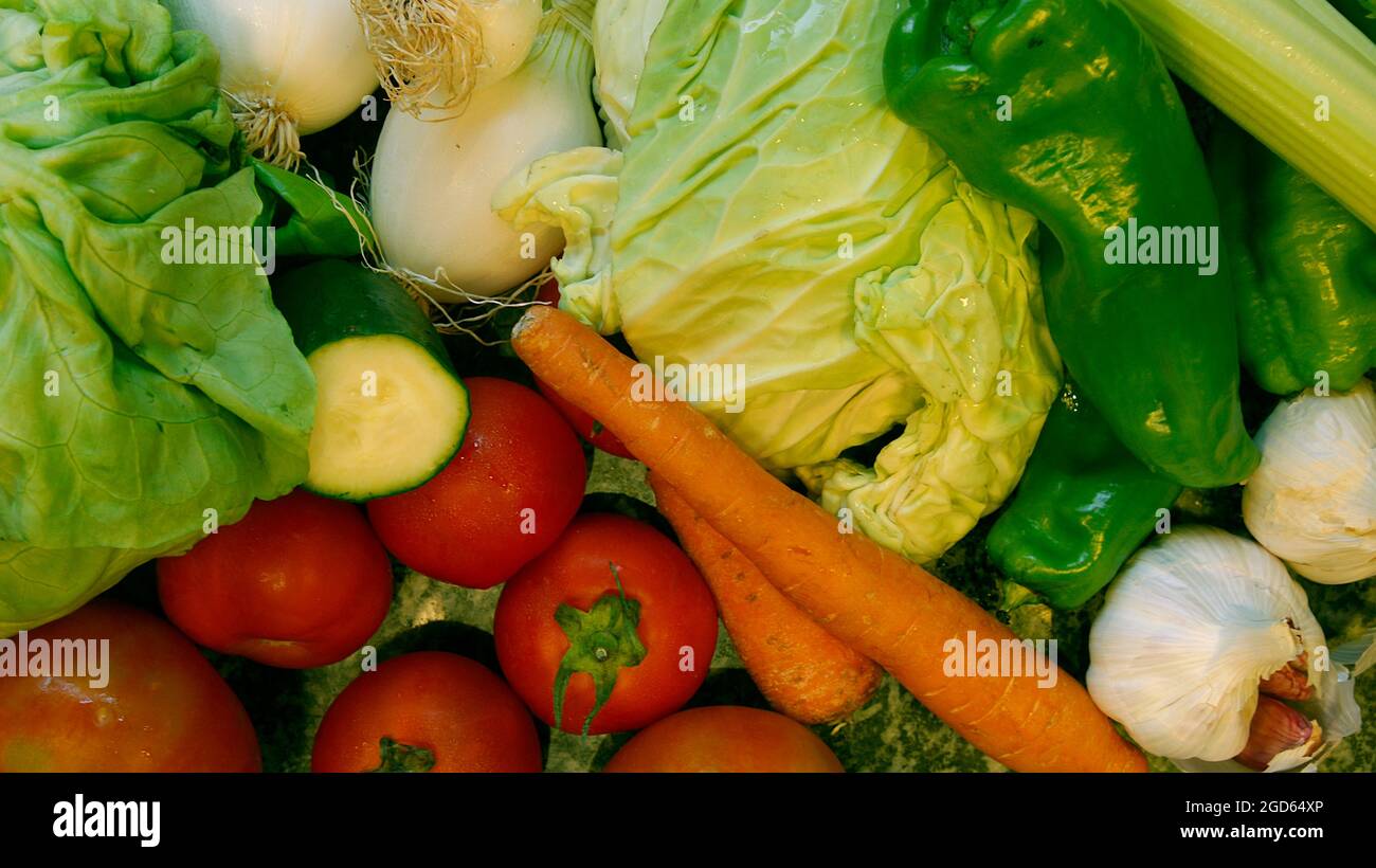 Fruits and vegetables on the kitchen marble Stock Photo - Alamy