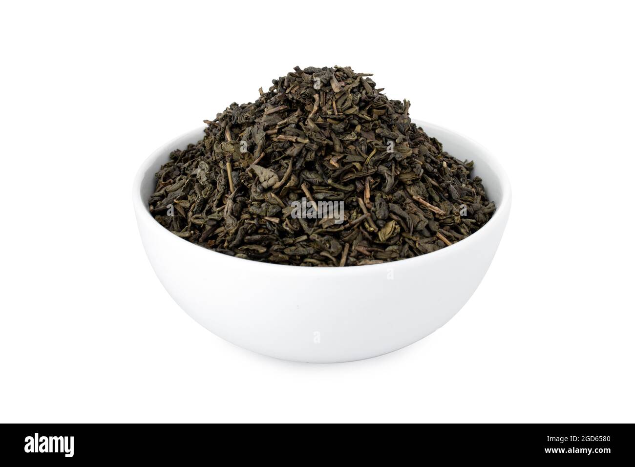 Green tea, Gunpowder tea, green tea in white bowl, on white background ...