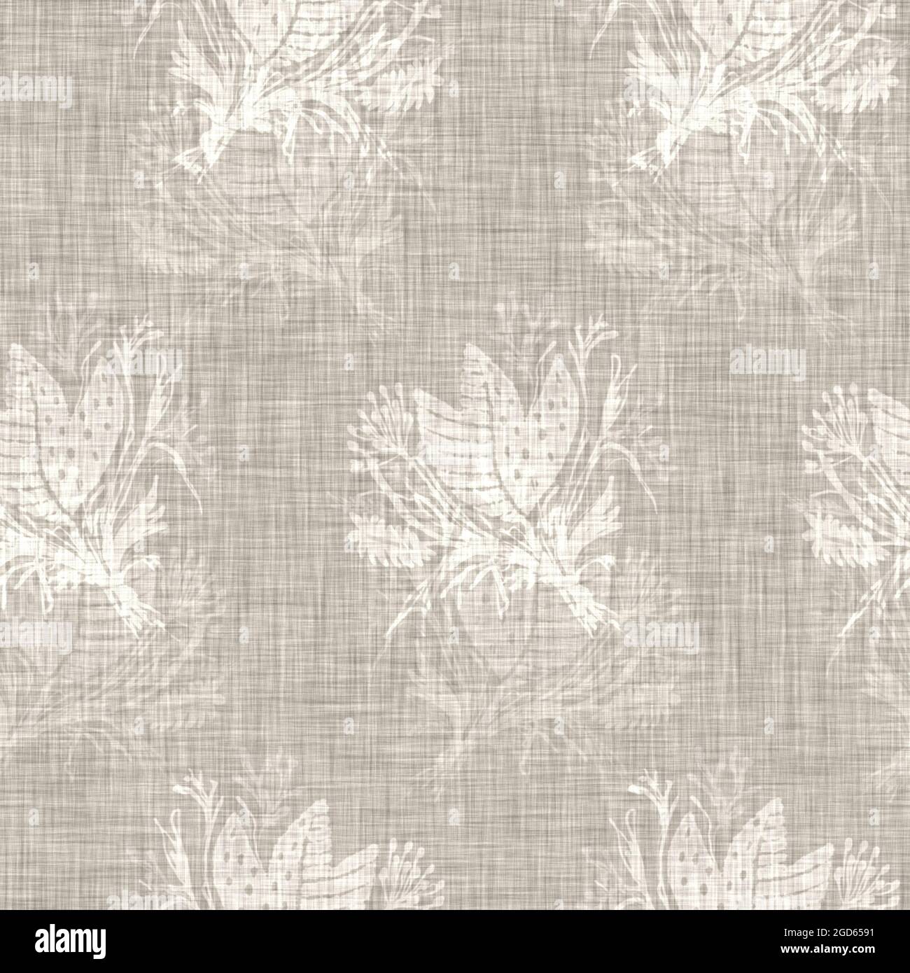 Hand drawn grey flower motif linen texture. Whimsical garden seamless ...