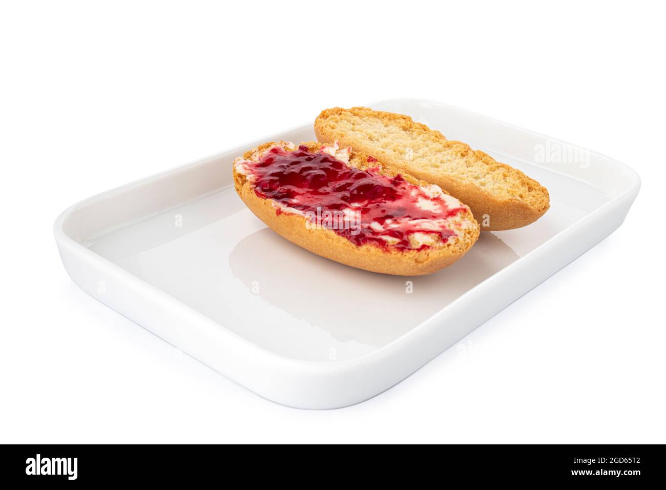 Horizontal crispy biscottes, french toast bread with butter and jam on ...