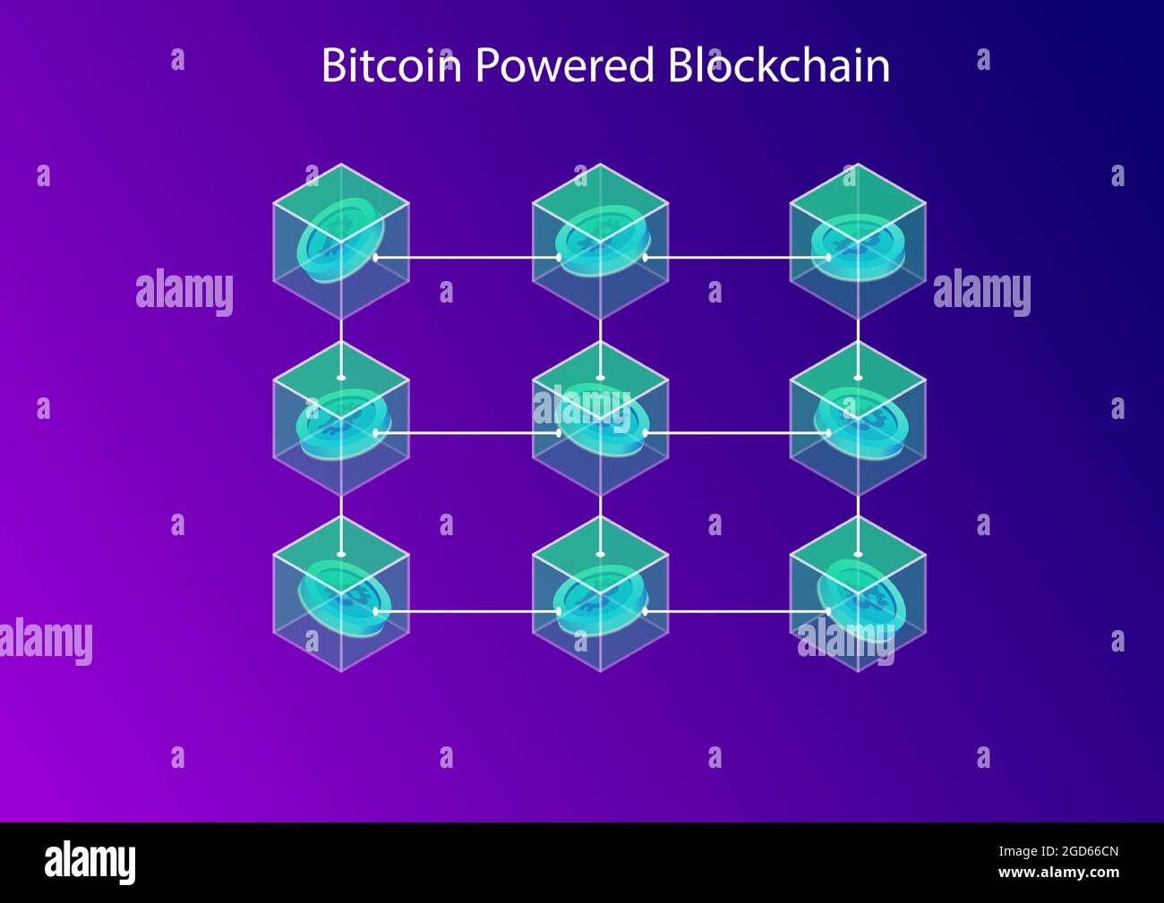 Bitcoin powered blockchain concept. 3d isometric vector illustration of ...
