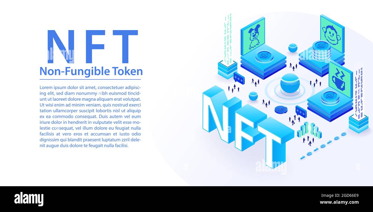 NFT non-fungible token concept as wide web banner layout. 3d isometric vector illustration of ...