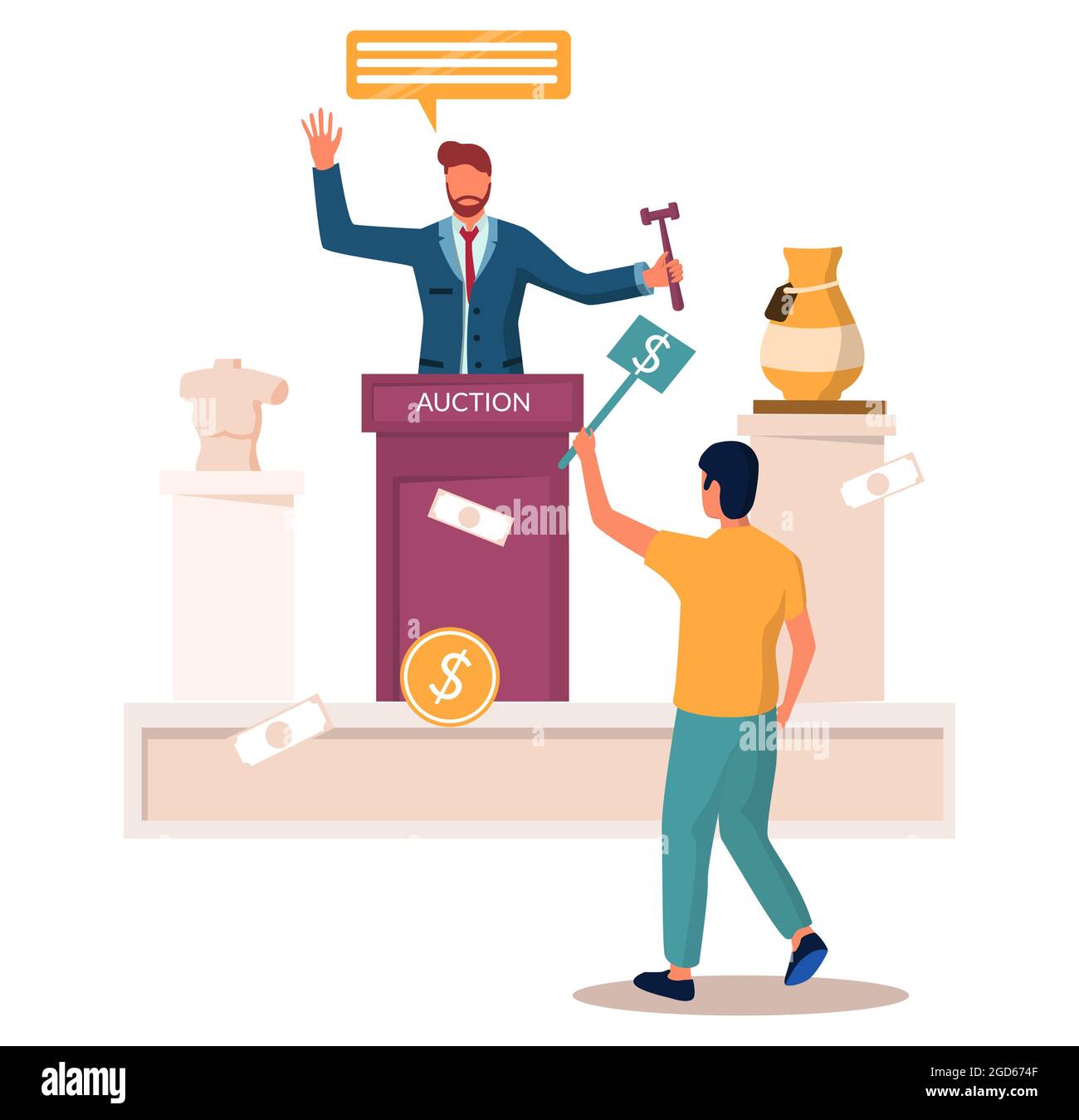 Ceramic and sculpture art auction, flat vector illustration. Male ...