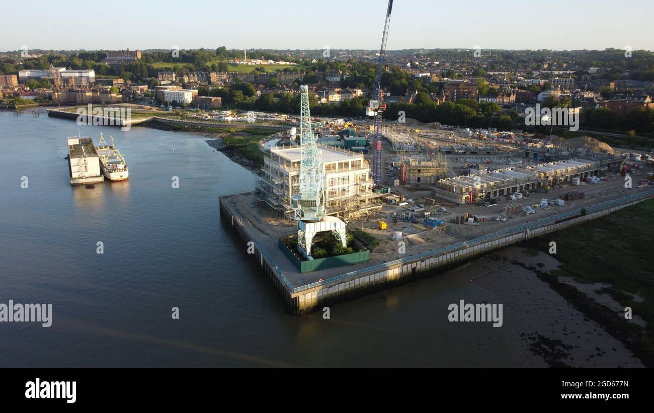 An arial shot of a crane and construction over Rochester Waterfront ...