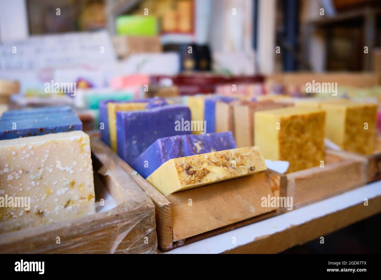 Craft soap bars at store counter Stock Photo - Alamy