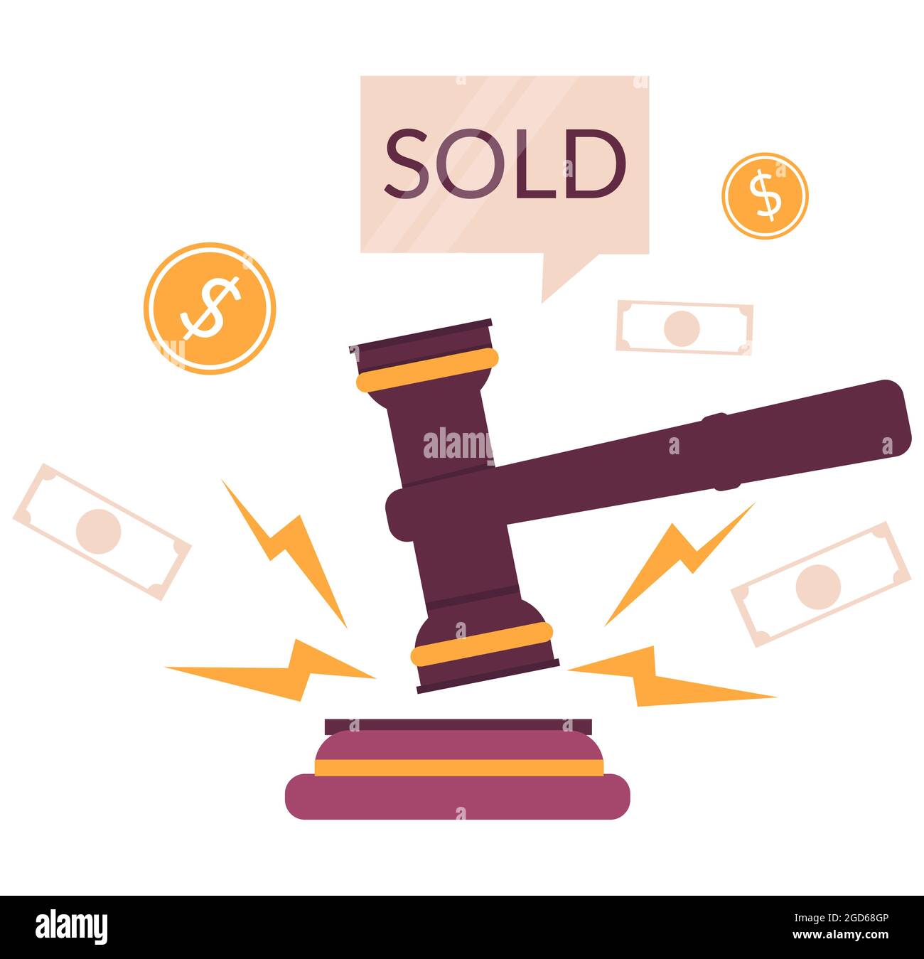 Auction hammer, sold speech bubble, money, vector illustration. Market ...