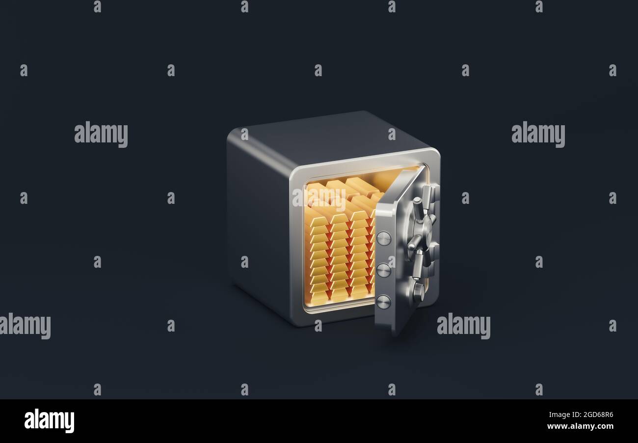 Gold bars and safe box with dark background, 3d rendering. Computer ...
