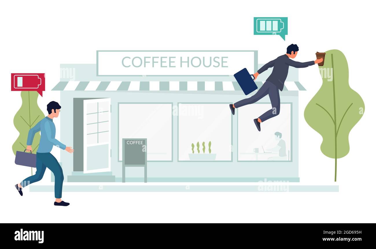 Coffee time. Happy office people taking break and running to coffee ...