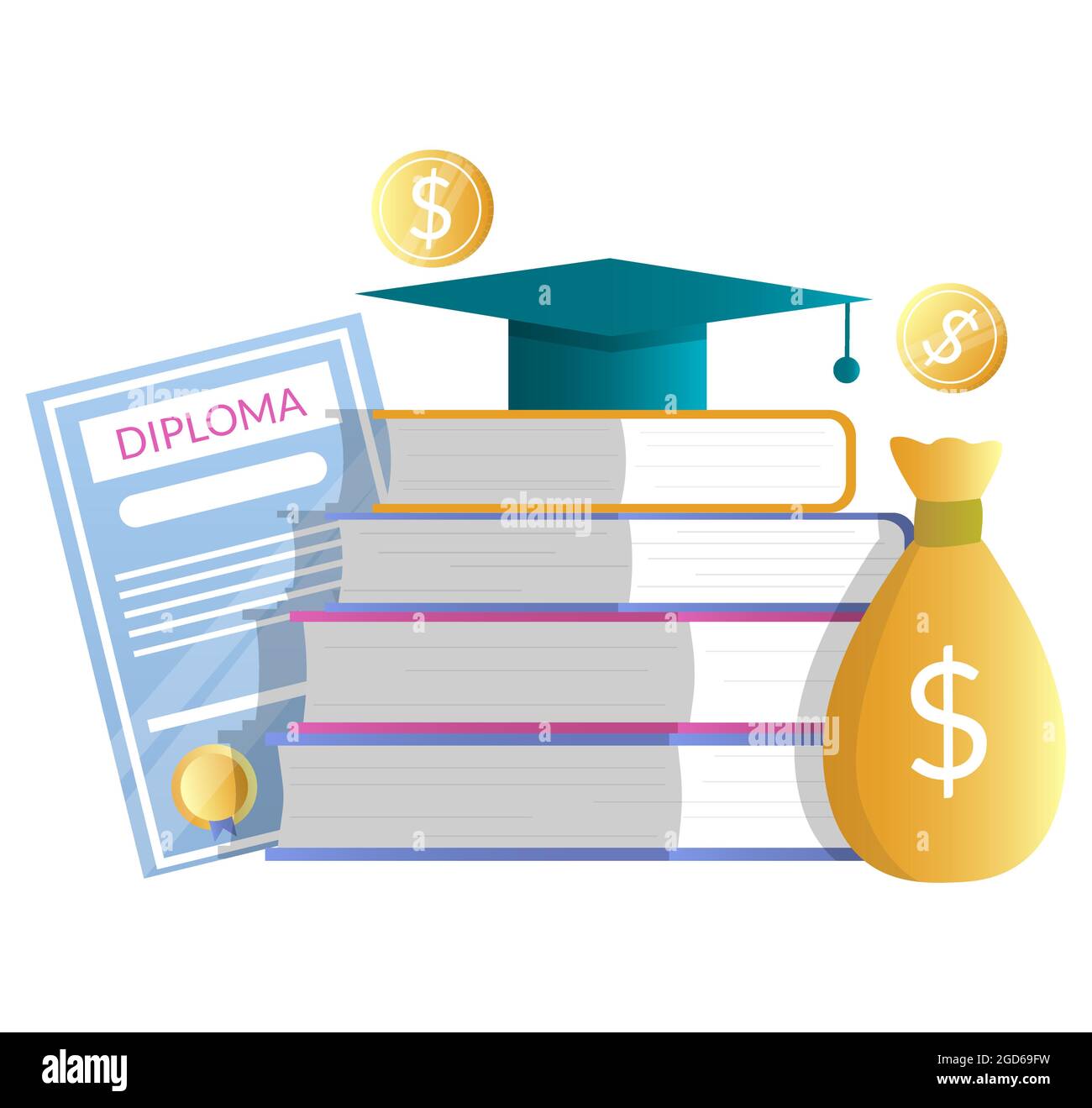 Diploma, money bag, books, academic hat, vector illustration. Education ...