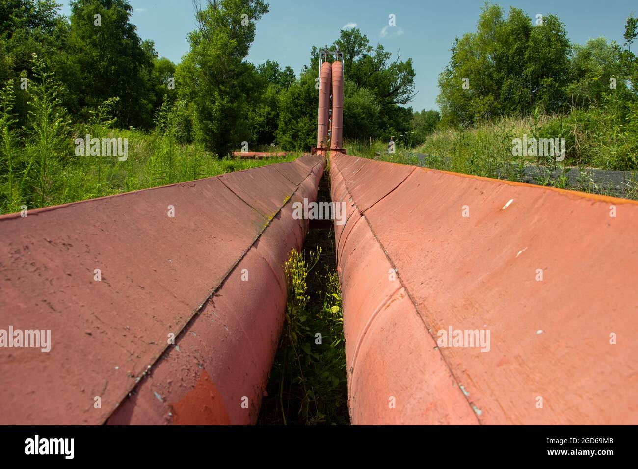 Hot water - steam pipes with bridging in summer nature Stock Photo - Alamy