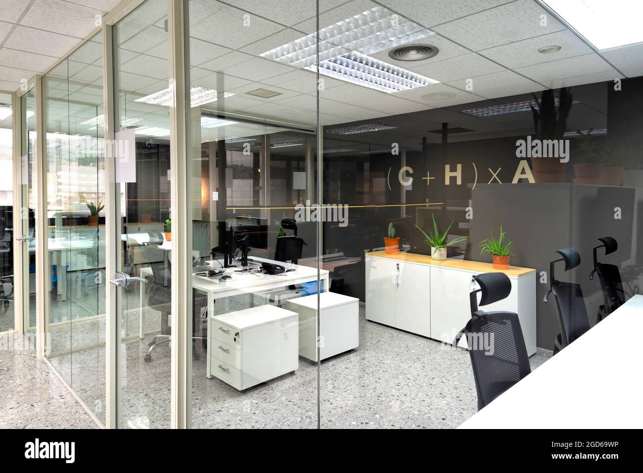 modern open space office with computer monitors on white desks Stock ...