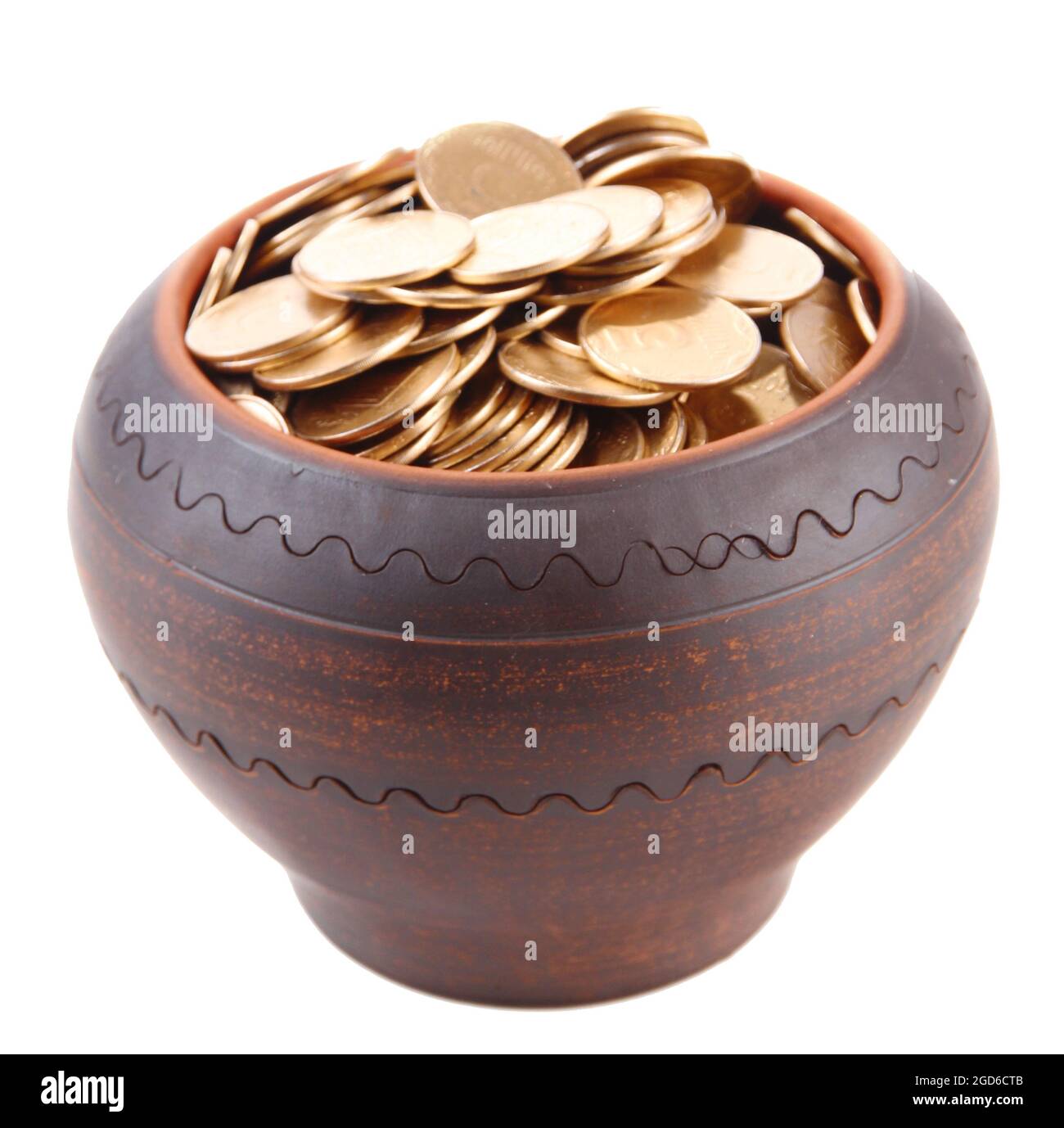 Golden coins in ceramic pot, isolated on white background Stock Photo ...