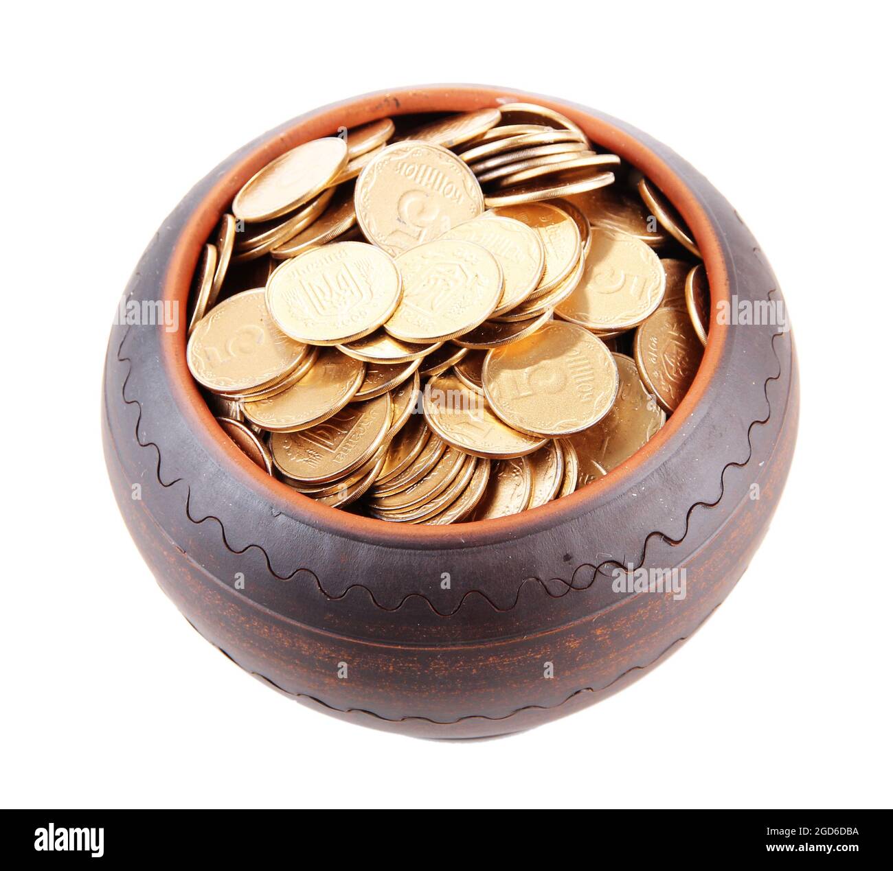 Golden coins in ceramic pot, isolated on white background Stock Photo ...