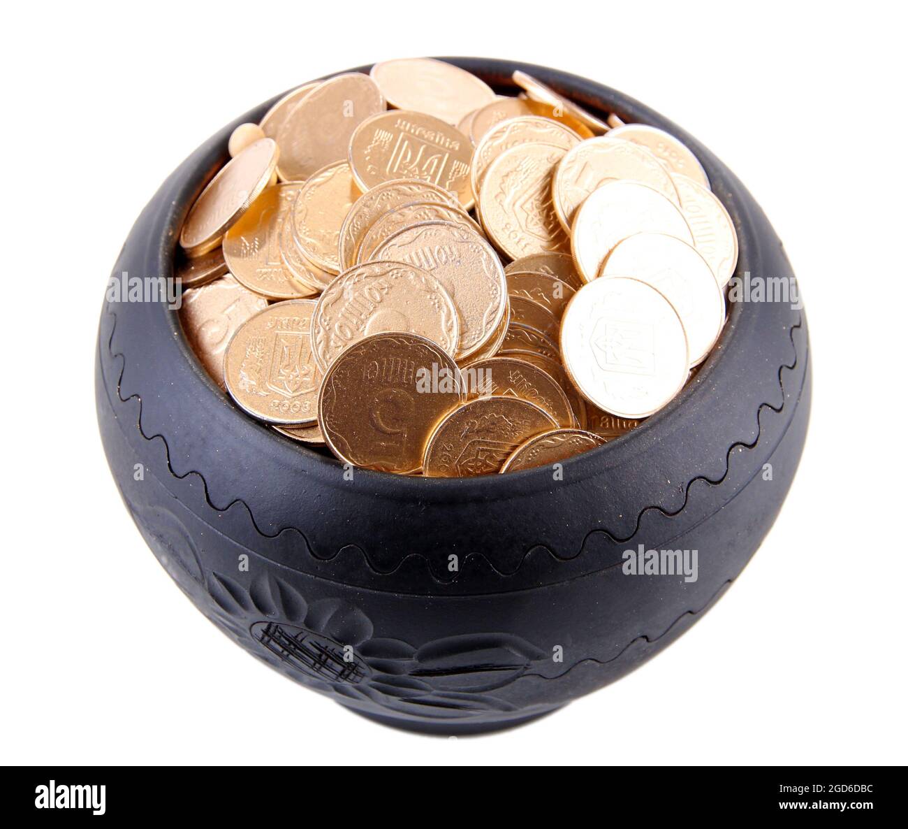 Golden coins in ceramic pot, isolated on white background Stock Photo ...