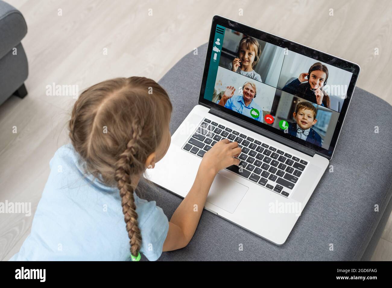 little girl studying with computer, little girl with laptop online ...