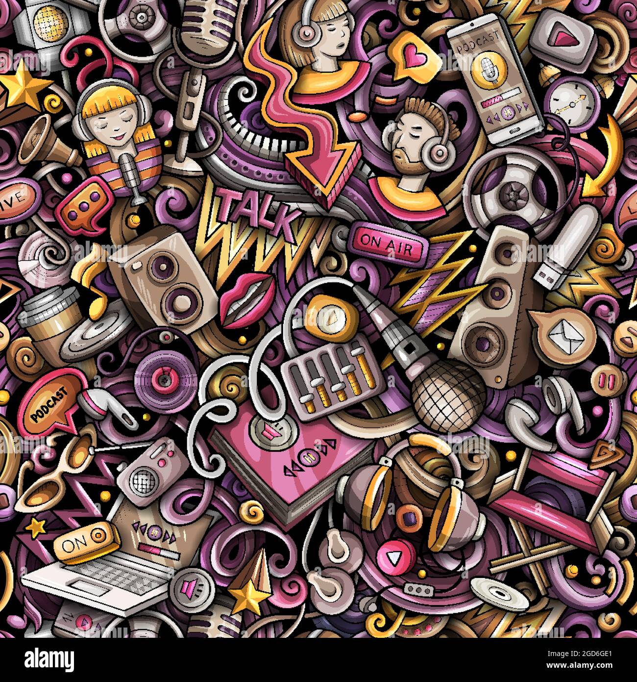 Cartoon doodles Audio content seamless pattern Stock Vector Image & Art ...