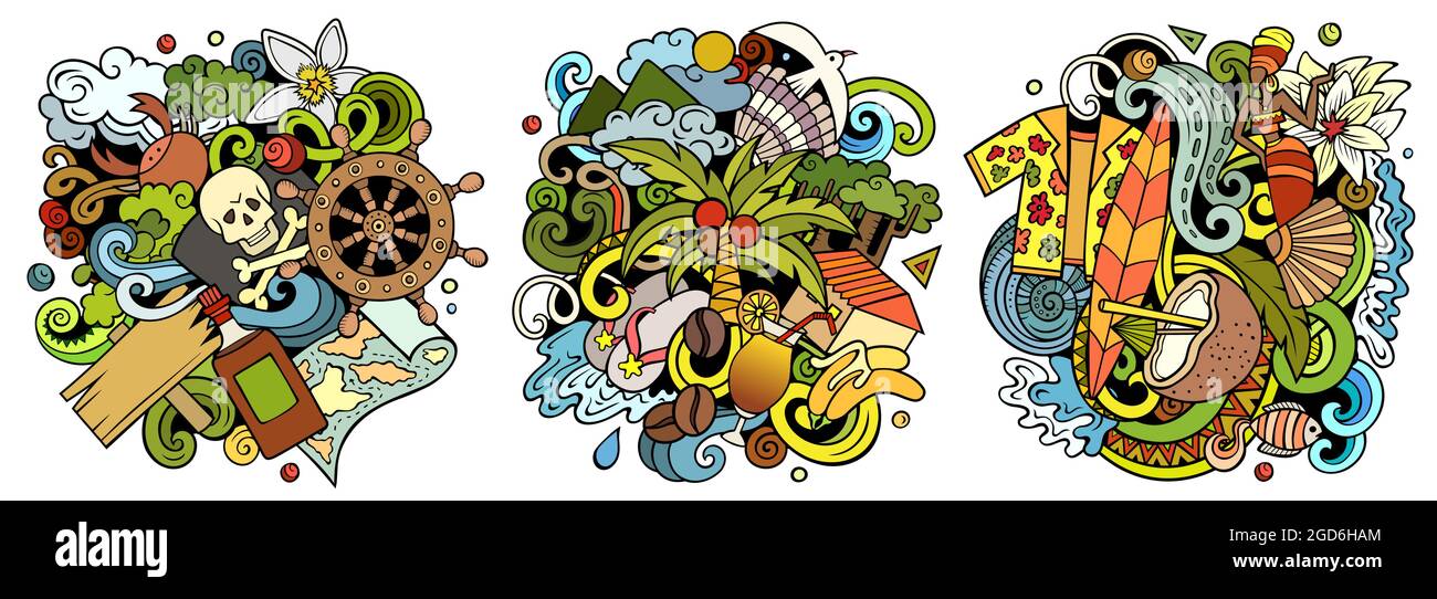 Haiti cartoon vector doodle designs set. Colorful detailed compositions ...