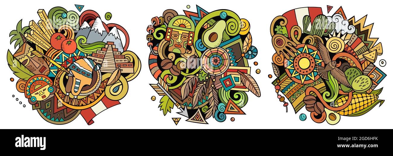 Peru cartoon vector doodle designs set. Colorful detailed compositions ...