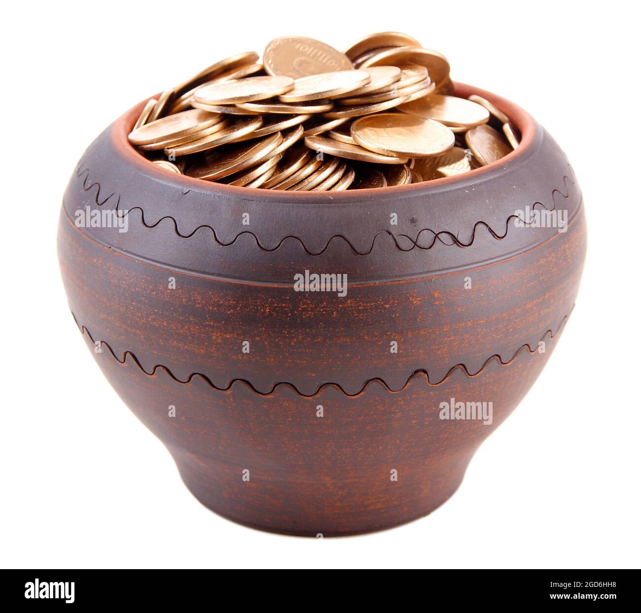 Golden coins in ceramic pot, isolated on white background Stock Photo ...