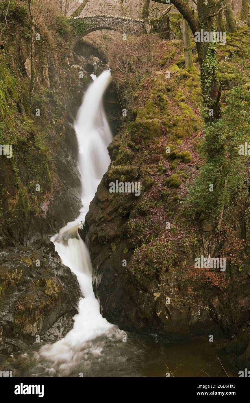 The lower falls of Aira Force and the upper footbridge, in the English ...