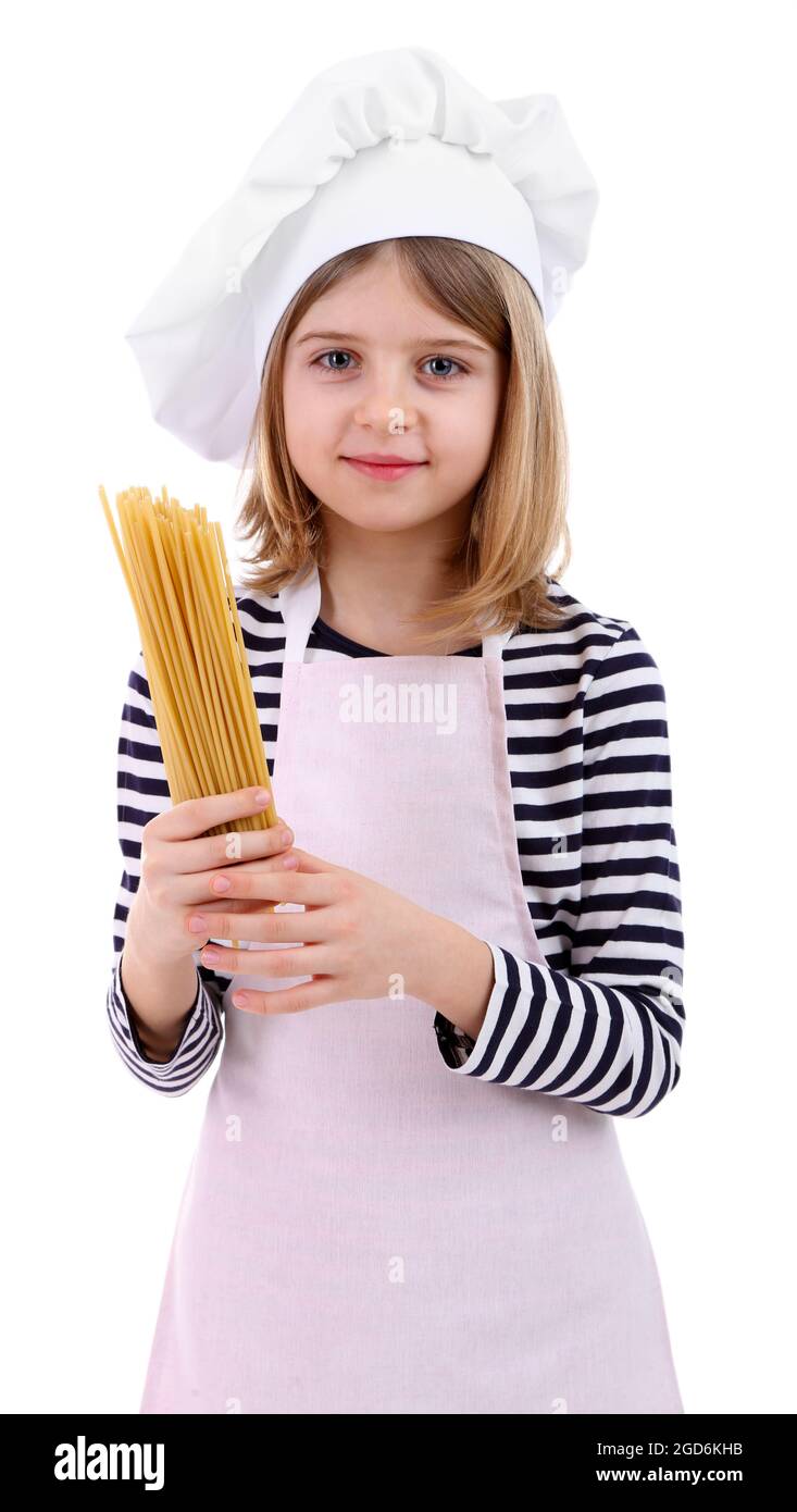 Beautiful little girl holding spaghetti isolated on white Stock Photo ...