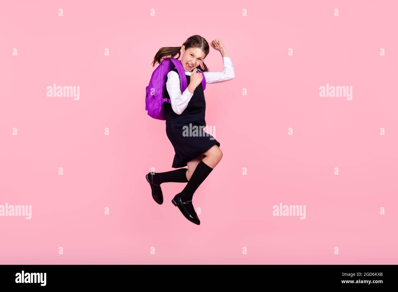 Full size profile side photo of young school girl happy positive smile ...