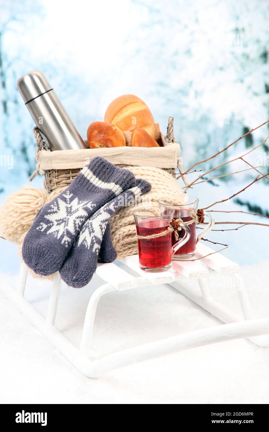 Winter still life on sled, on winter background Stock Photo - Alamy