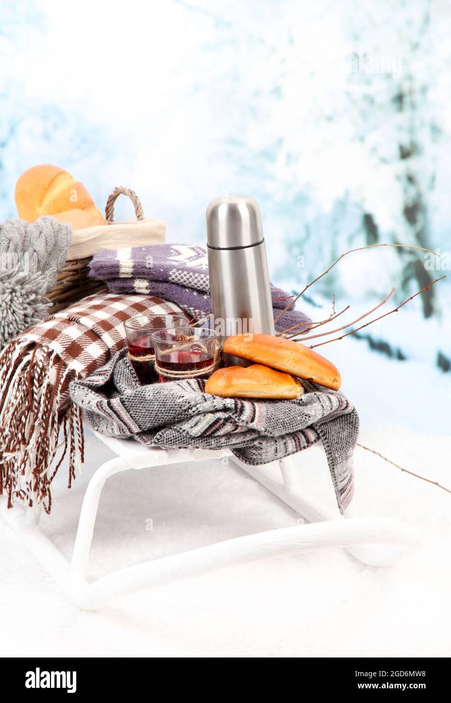 Winter still life on sled, on winter background Stock Photo - Alamy