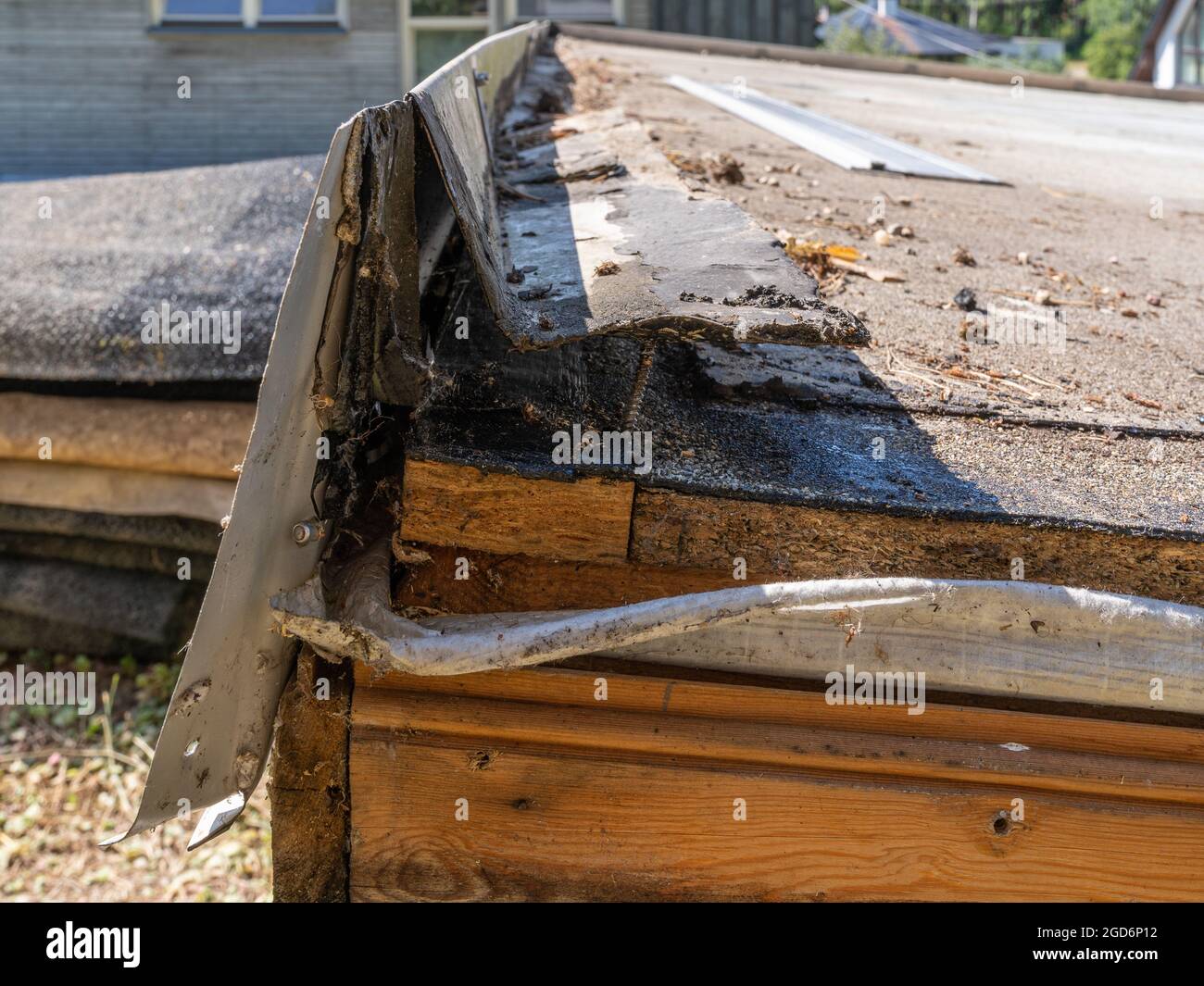 damaged flat roof edge, showing roof rafters, osb plate, waterproofing ...