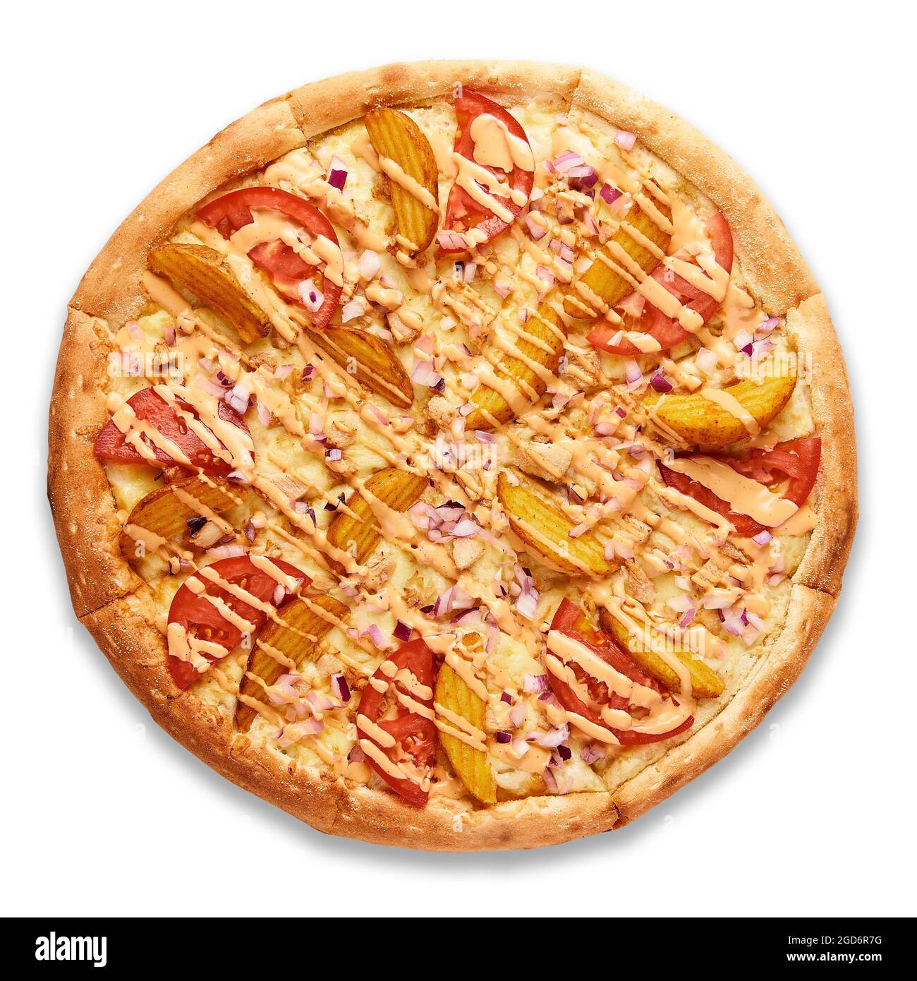 Middle Pizza with sausages pepperoni on a white background. Top view ...