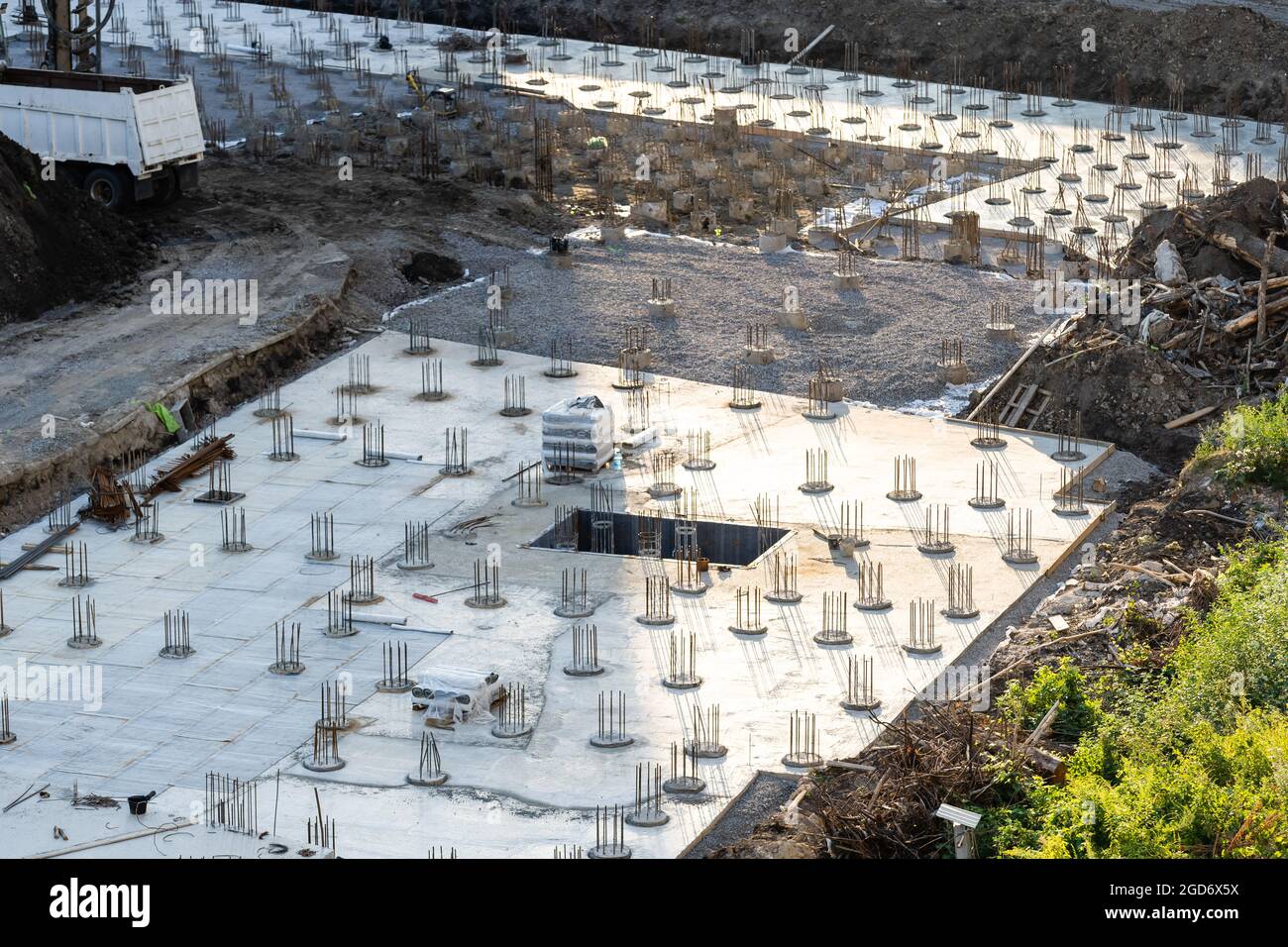 Closeup of house foundation made from concrete shuttering blocks filled ...
