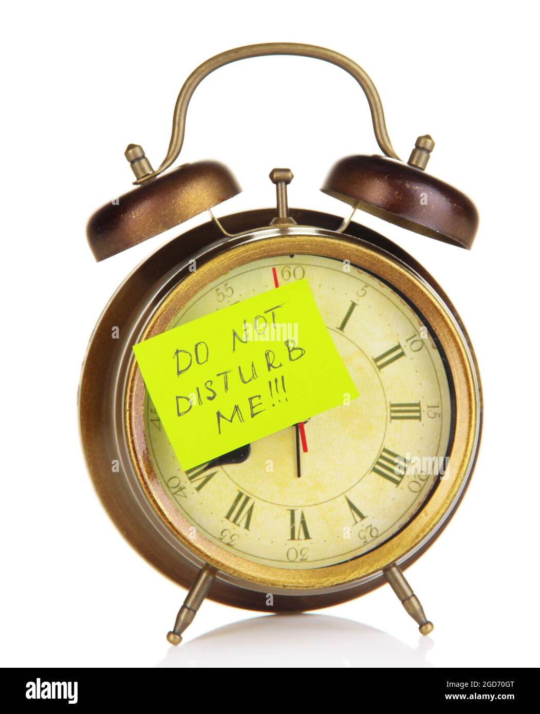 Alarm clock with sticker isolated on white Stock Photo - Alamy