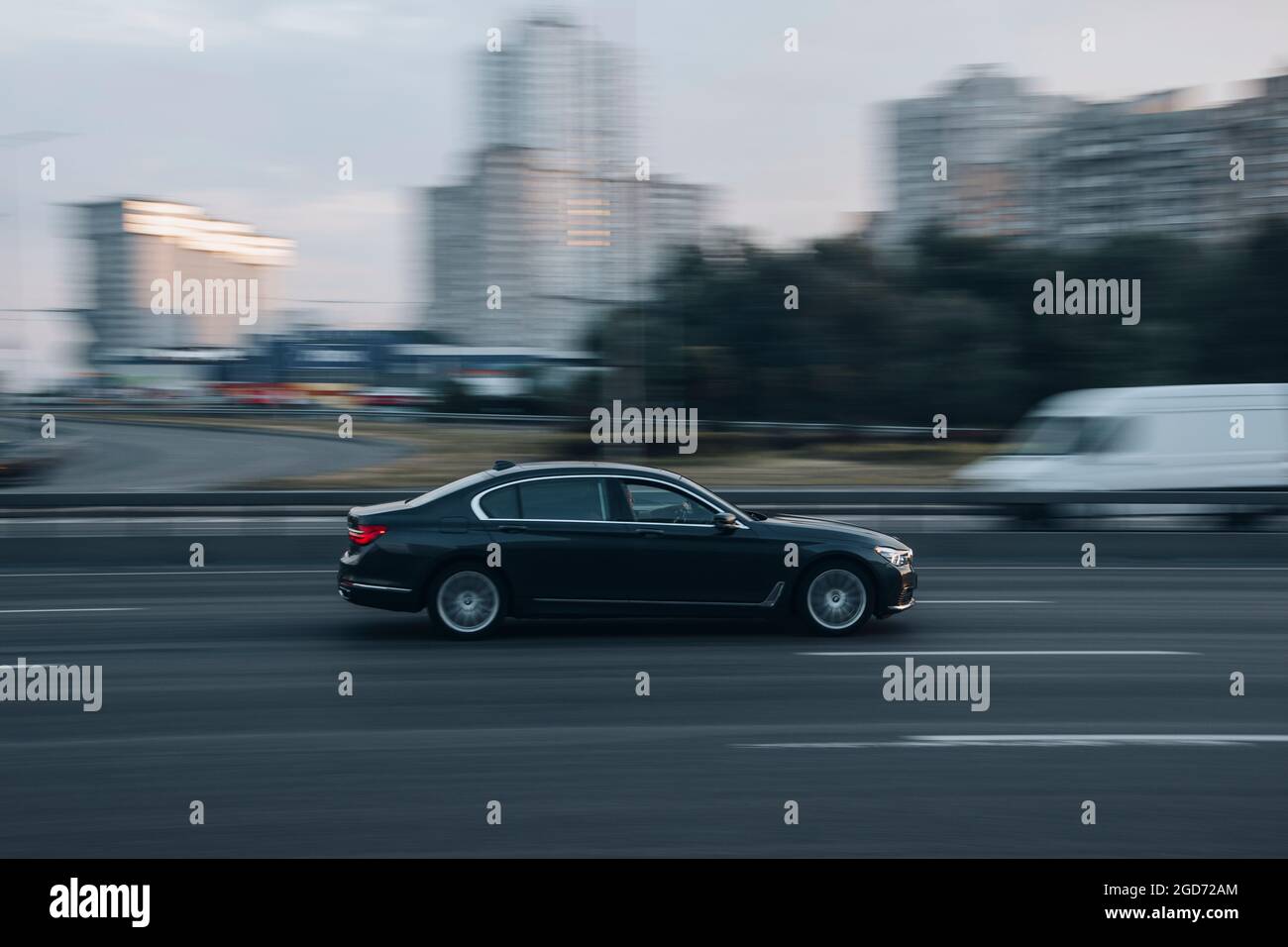 Ukraine, Kyiv - 2 June 2021: Black BMW 7 Series car moving on the ...