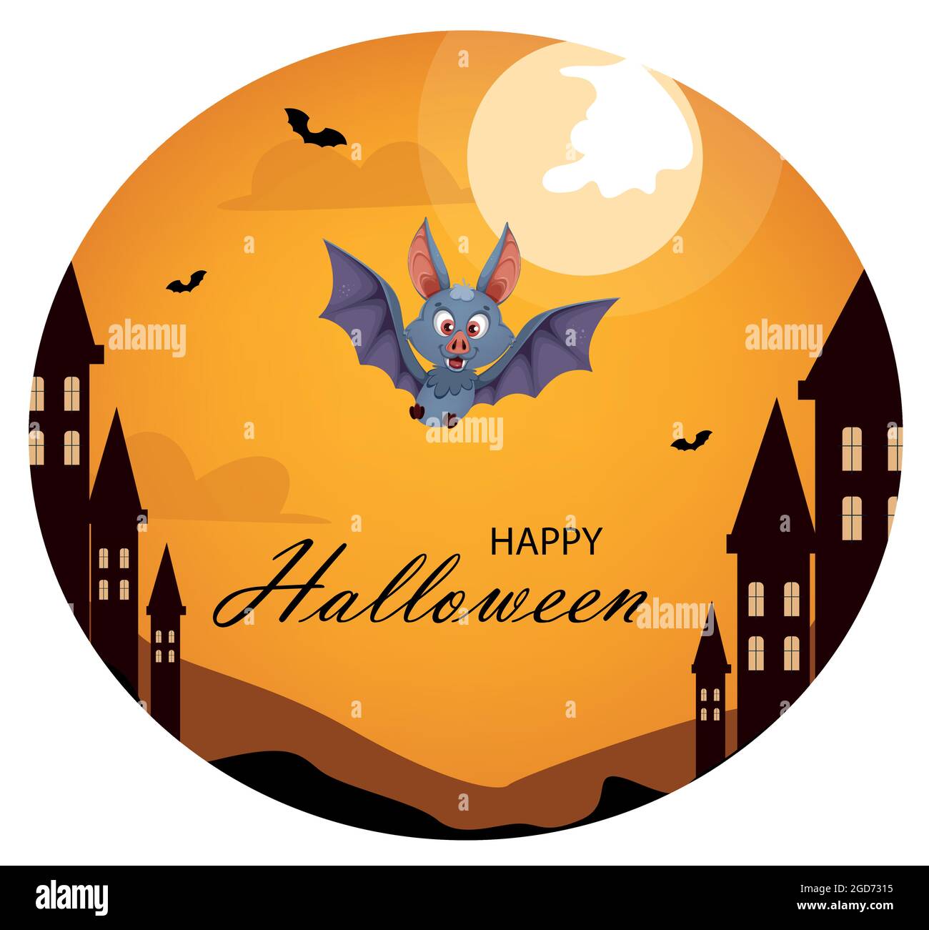 Happy Halloween bright greeting card. Cute bat carrying basket made of ...