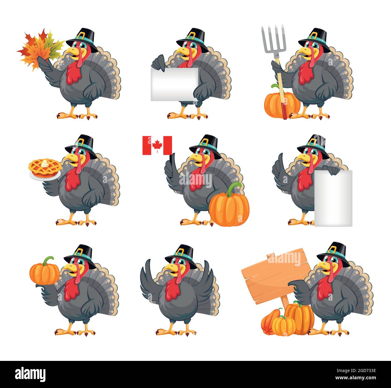 Happy Thanksgiving Day. Funny cartoon character turkey bird in pilgrim ...