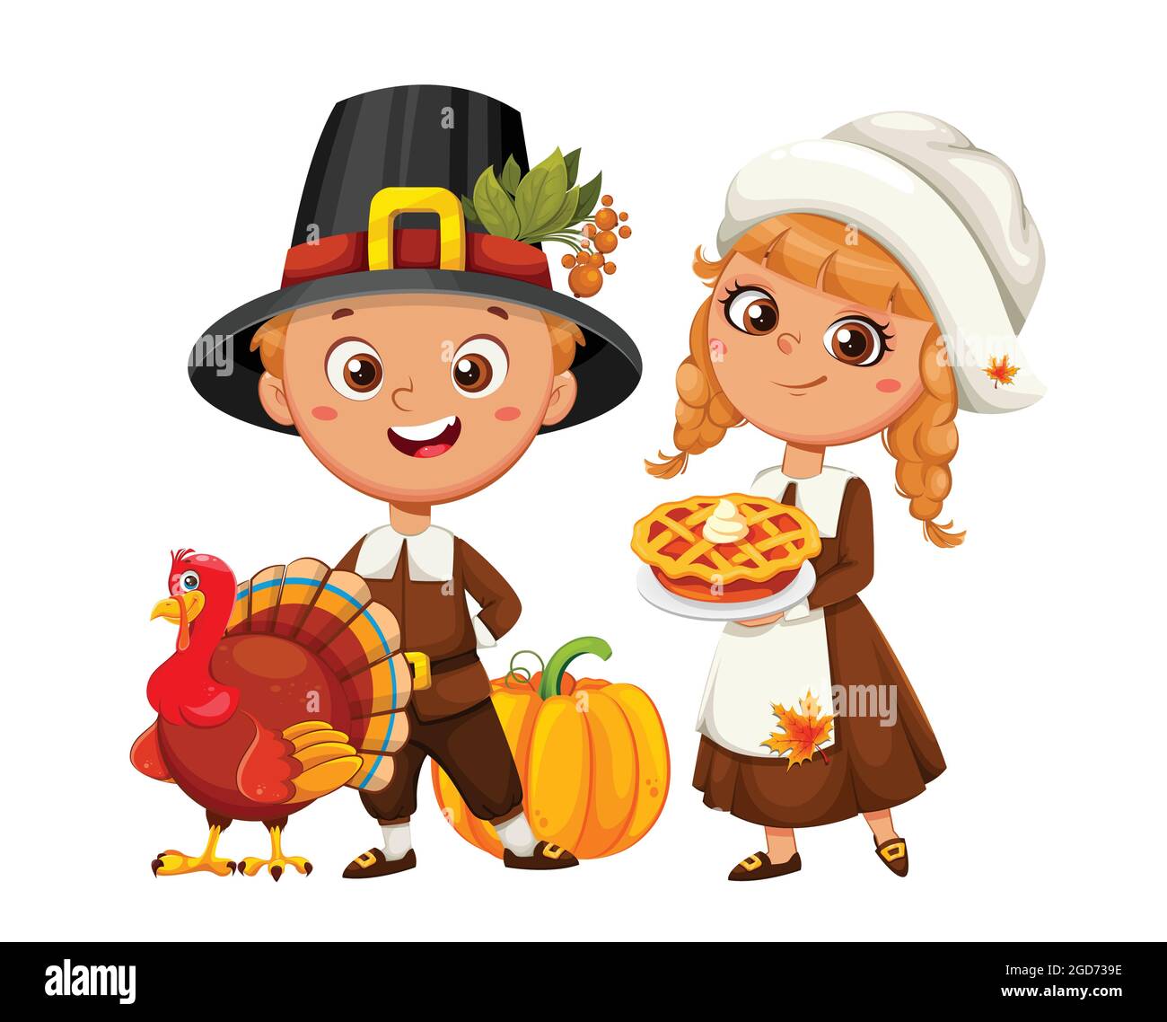 Happy Thanksgiving Day. Cute little pilgrim boy and girl cartoon ...