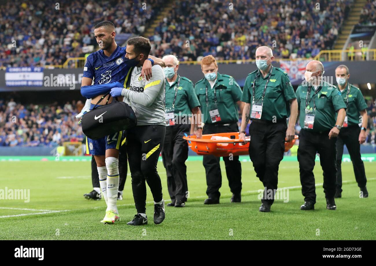 Chelsea's Hakim Ziyech leaves the pitch with an injury during the UEFA ...