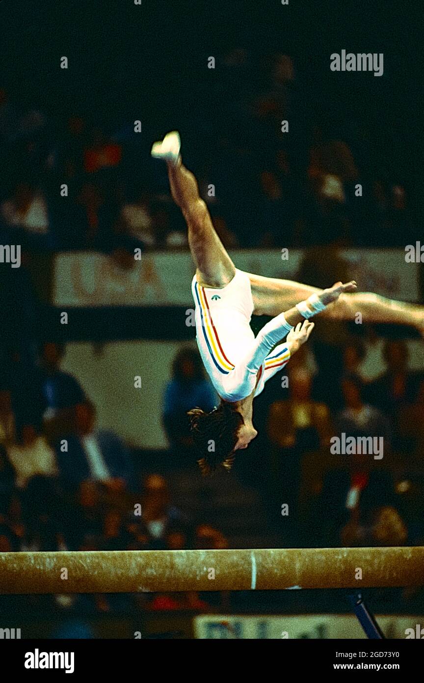 Nadia Comaneci (ROM) performs on the balance beam at the 1979 World ...