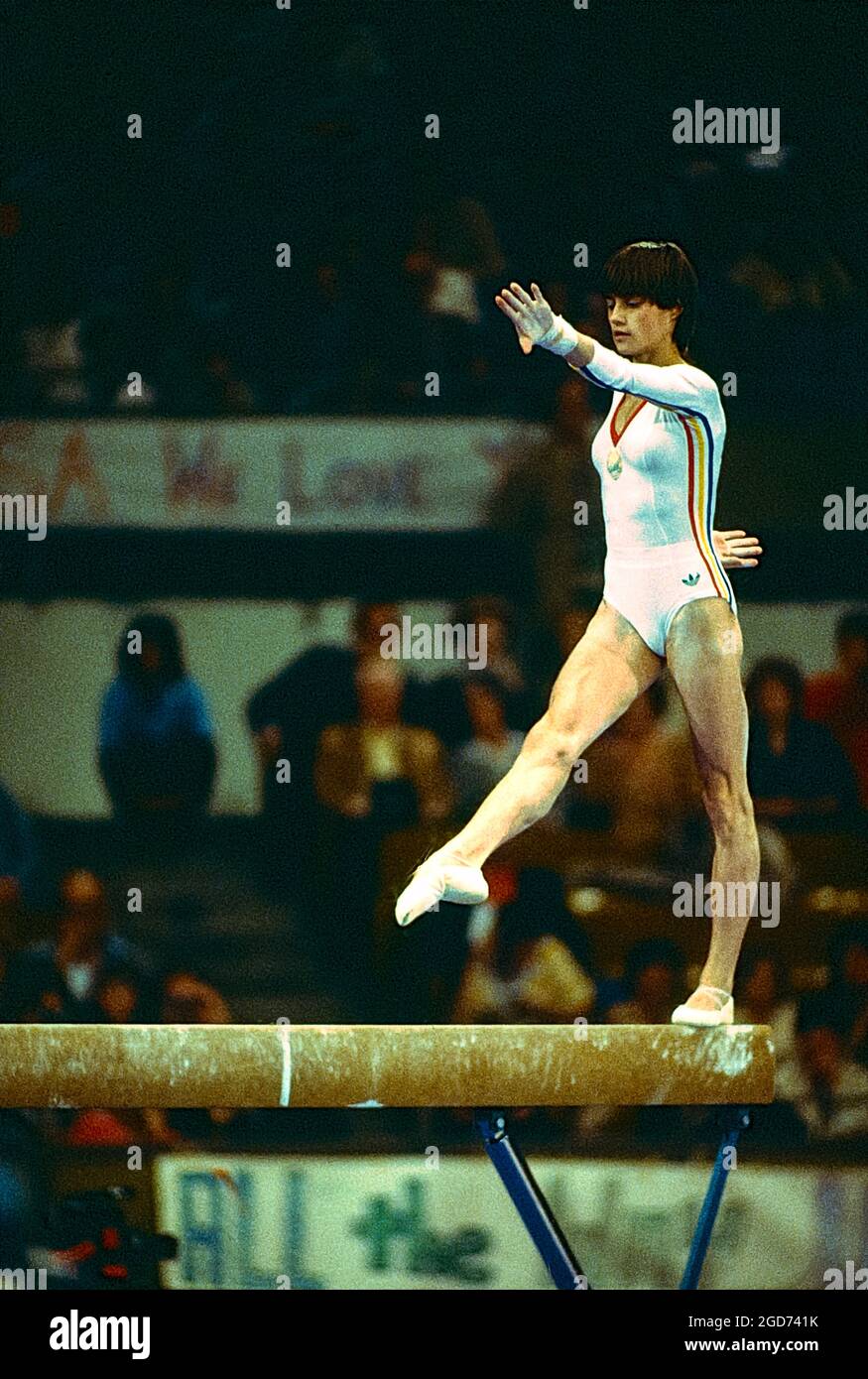 Nadia Comaneci (ROM) performs on the balance beam at the 1979 World ...