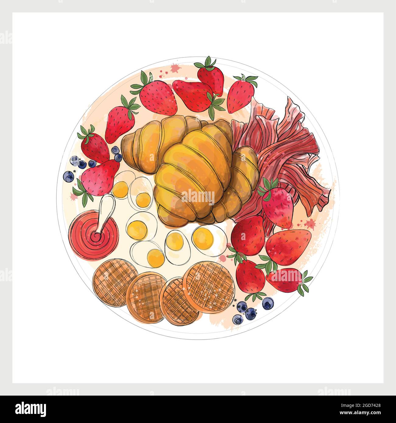 Colored breakfast plate isolated on white background. Vector ...