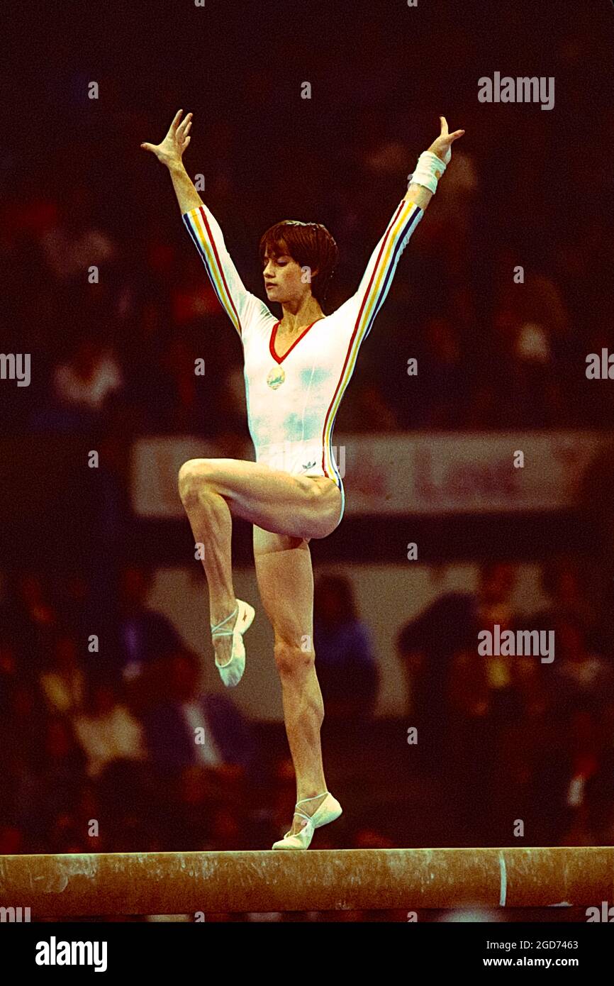 Nadia Comaneci (ROM) performs on the balance beam at the 1979 World ...