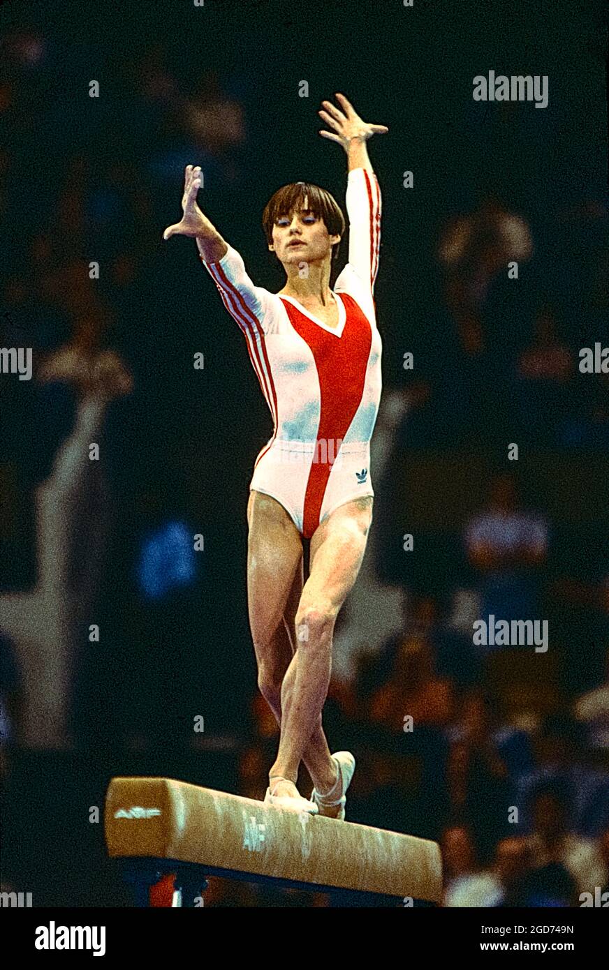 Nadia Comaneci (ROM) performs on the balance beam at the 1979 World ...