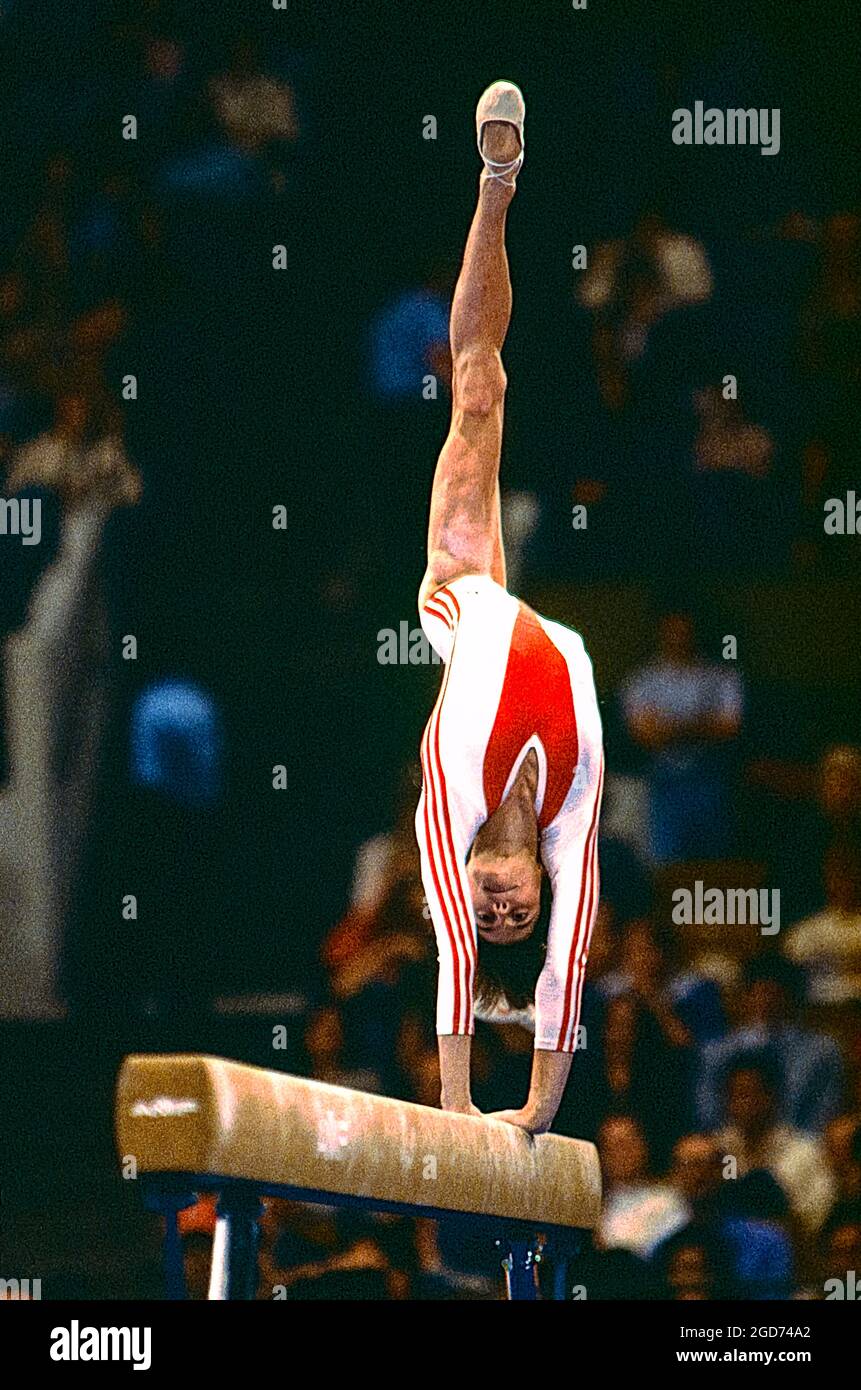 Nadia Comaneci (ROM) performs on the balance beam at the 1979 World ...