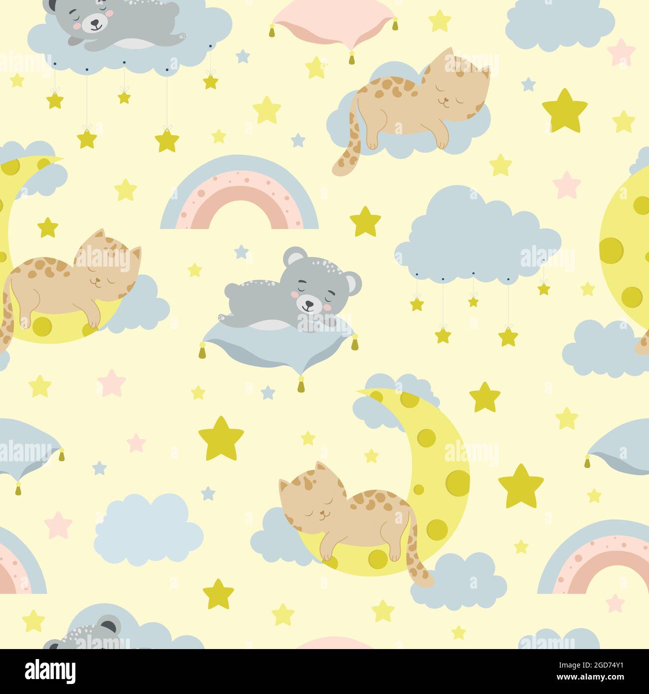 Seamless children pattern with cat, bear, clouds, moon and stars ...