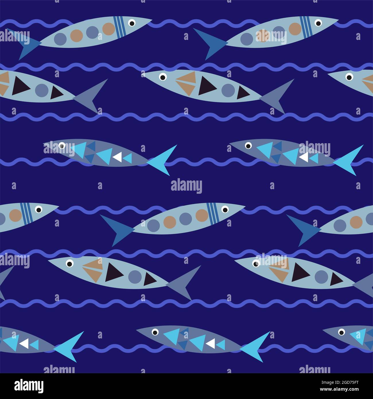 Seamless pattern with fish and waves on a blue background. Marine ...